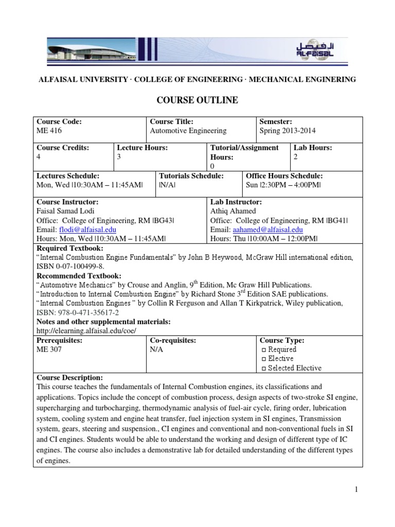 Automotive Engineering Course Outline | PDF | Internal Combustion ...