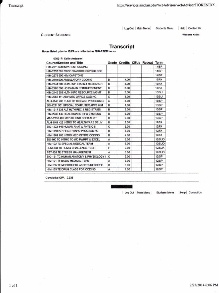Sinclair Community College Transcript Guide | PDF