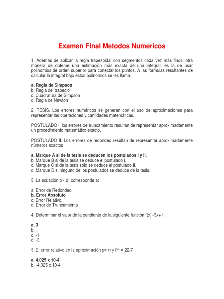 Examen Final Metodos Numericos | PDF | Análisis numérico | Integral