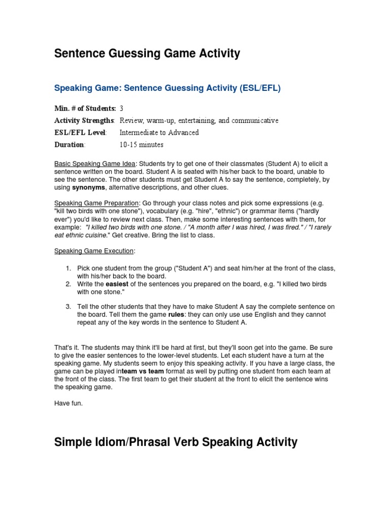 Sentence Guessing Game Activity | PDF | Phrase | English As A Second Or ...