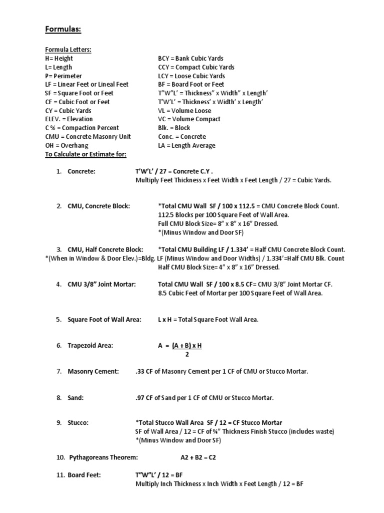 REVIT Formulas Info Sheets | PDF | Framing (Construction) | Manmade ...