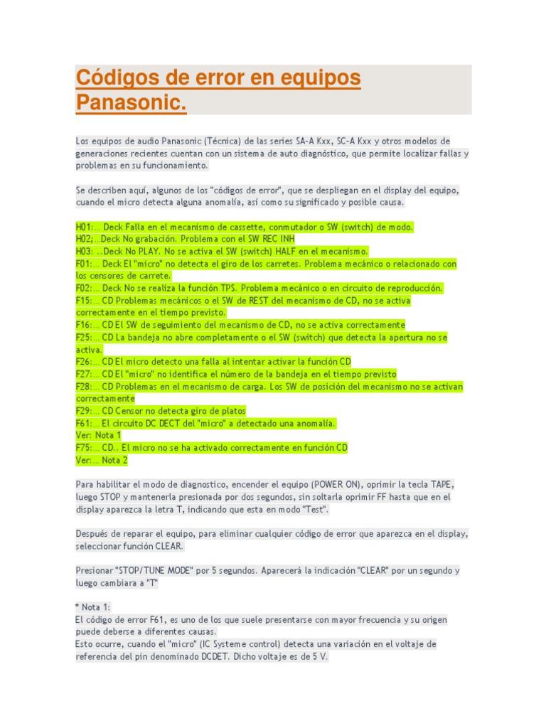 Códigos de error en equipos Panasonic | PDF | voltaje | Altoparlante