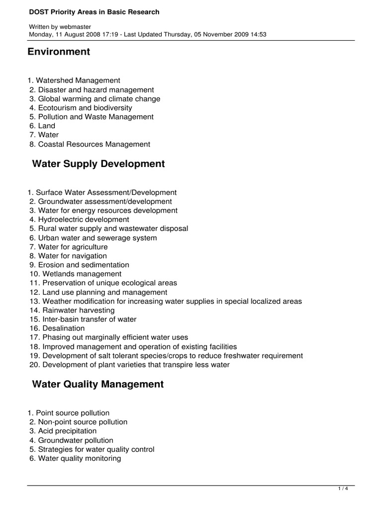 Dost Priority Areas in Basic Research | PDF | Water Quality | Pollution