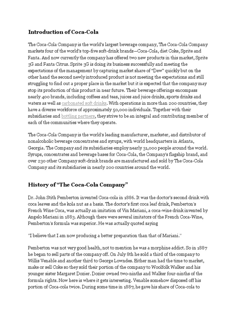 Introduction of Coca | PDF | Coca Cola | The Coca Cola Company