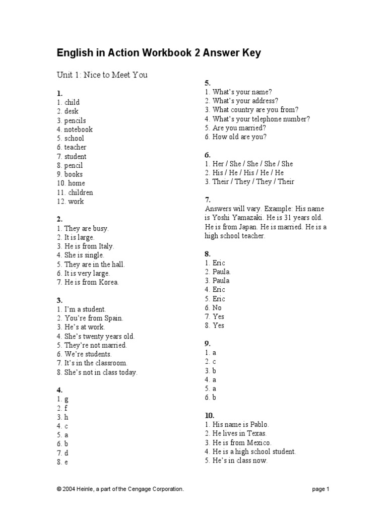 English in Action Workbook 2 Answer Key: Unit 1: Nice To Meet You | PDF ...