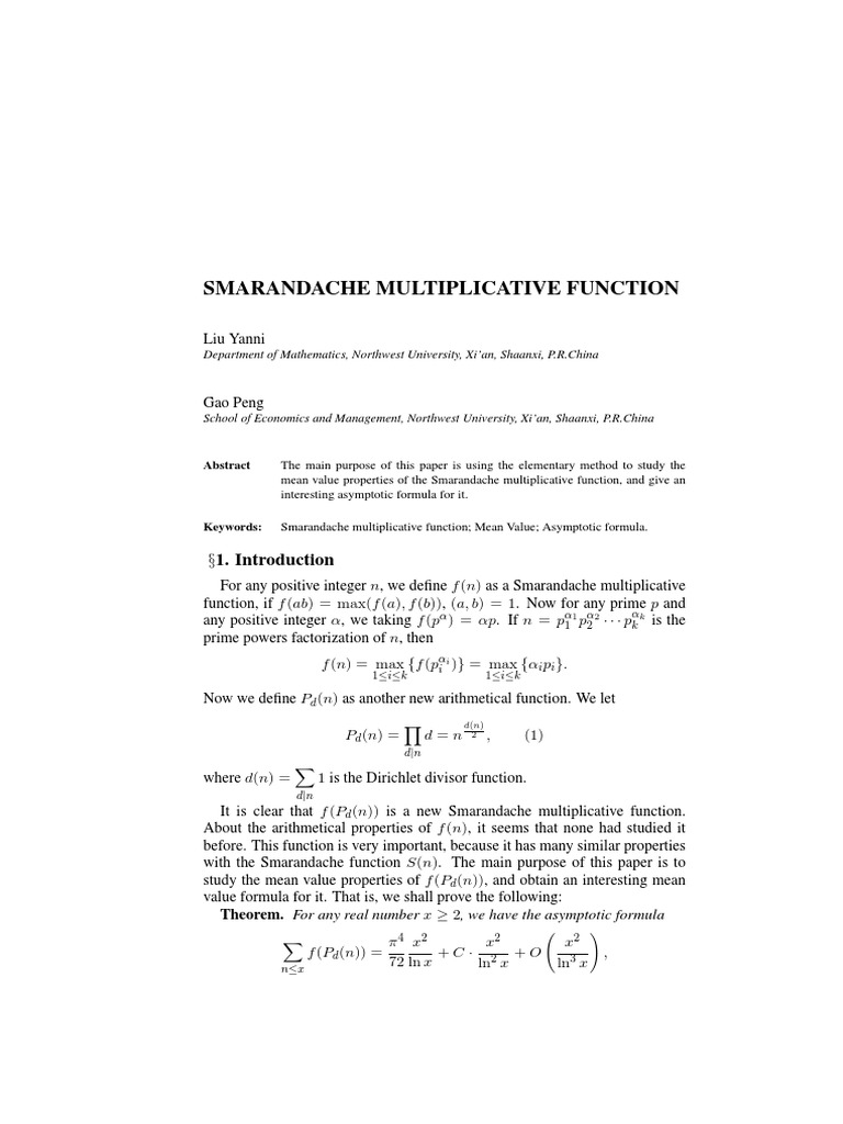 Smarandache Multiplicative Function | PDF | Function (Mathematics) | Analysis