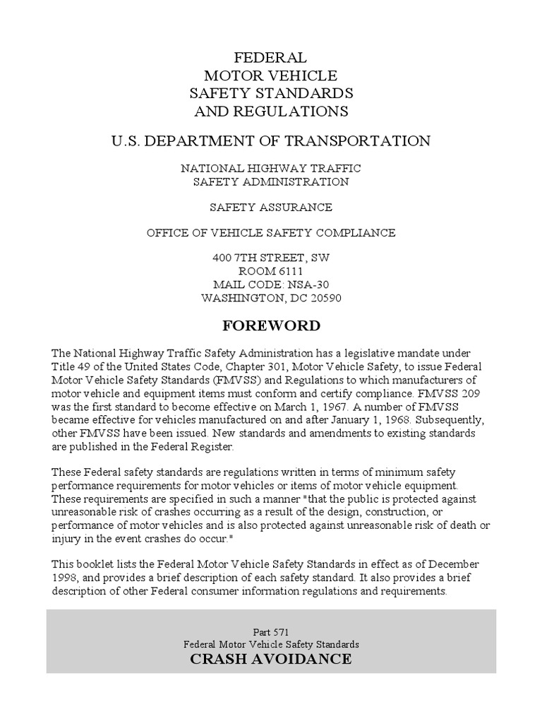 US Federal Motor Vehicles Safety Standards and Regulation | PDF ...
