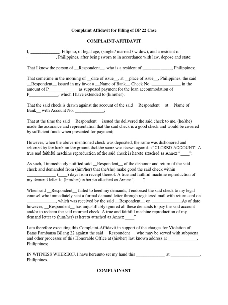 Complaint Affidavit For Filing of BP 22 Case | PDF | Cheque | Affidavit