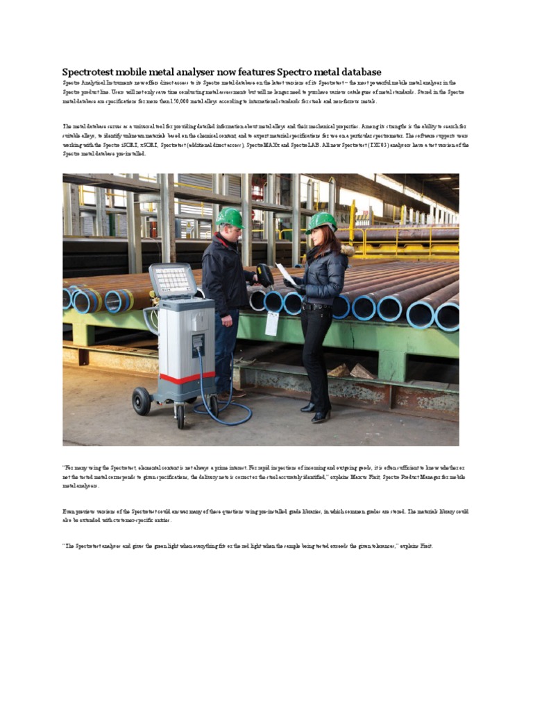 Spectrotest Mobile Metal Analyser Now Features Spectro Metal Database ...