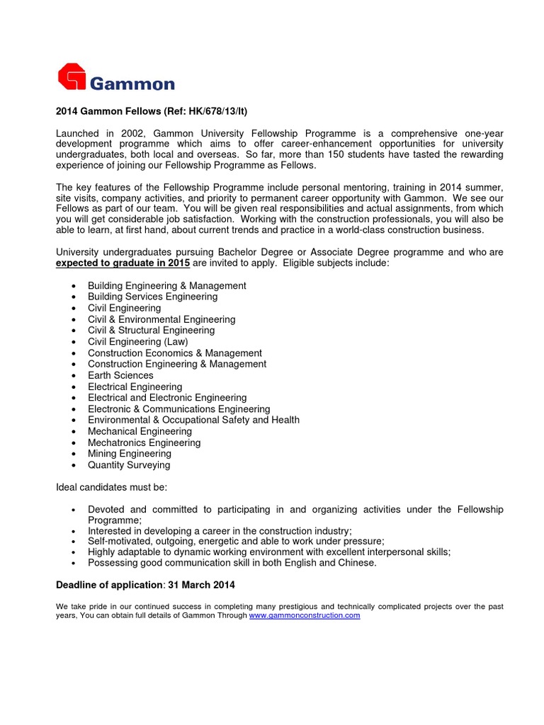 2014 Gammon Fellows (Ref: HK/678/13/lt) | PDF | Engineering | Civil ...