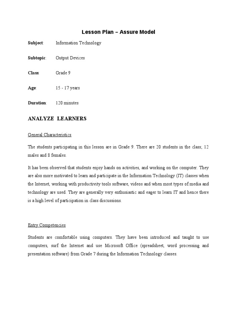Assure Lesson Plan - Output Devices | PDF | Lesson Plan | Input/Output