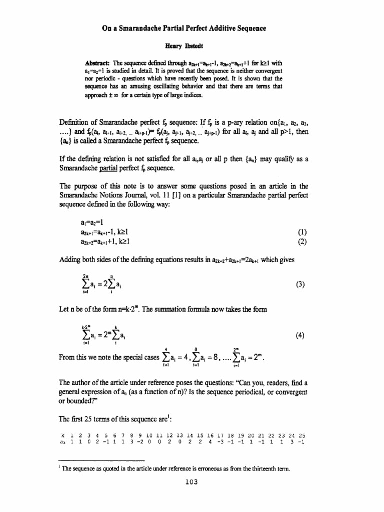 On A Smarandache Partial Perfect Additive Sequence | PDF | Sequence | Function (Mathematics)