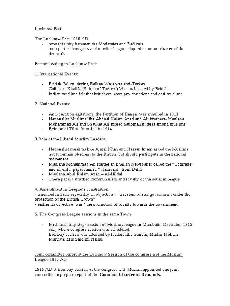 Lucknow Pact unity between Congress and Muslim League | PDF ...