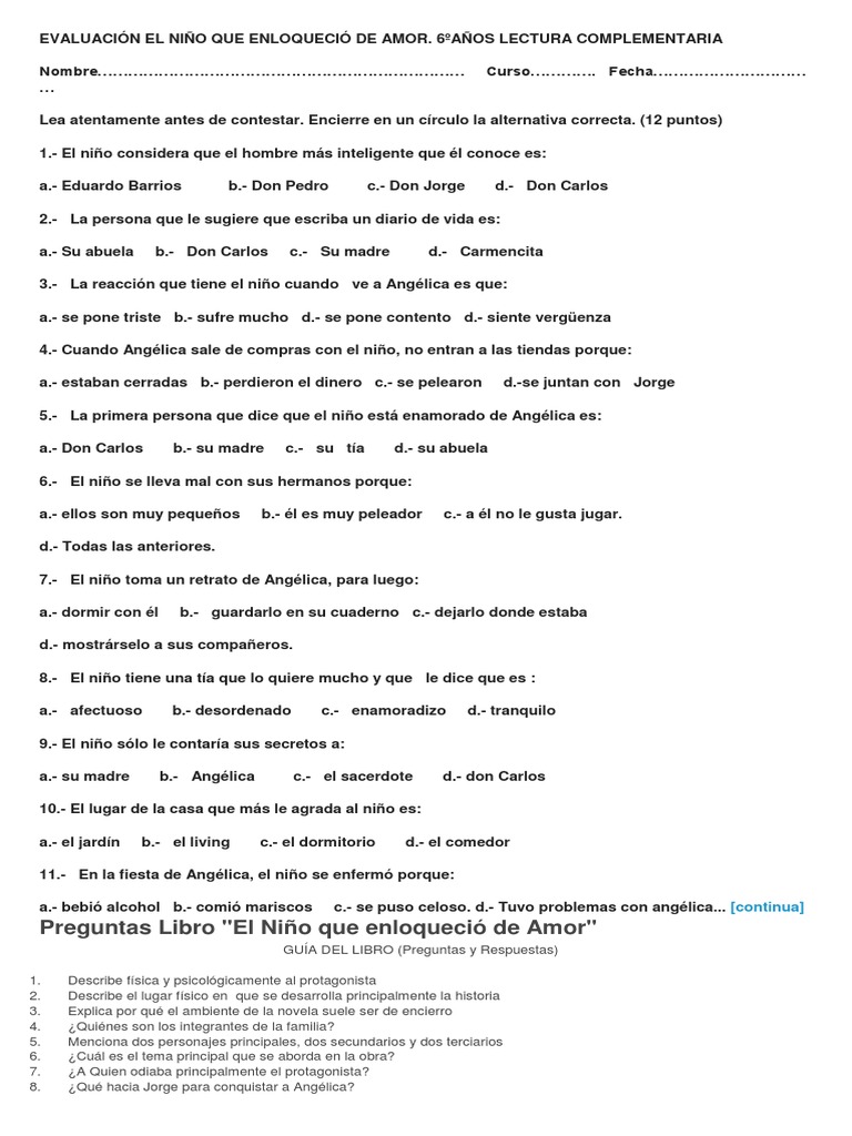 Evaluación El Niño Que Enloqueció de Amor | PDF | Pelo | Amor