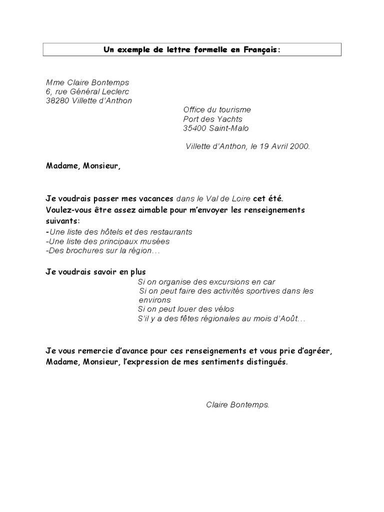 Un Exemple de Lettre Formelle en Français | PDF | Troubles