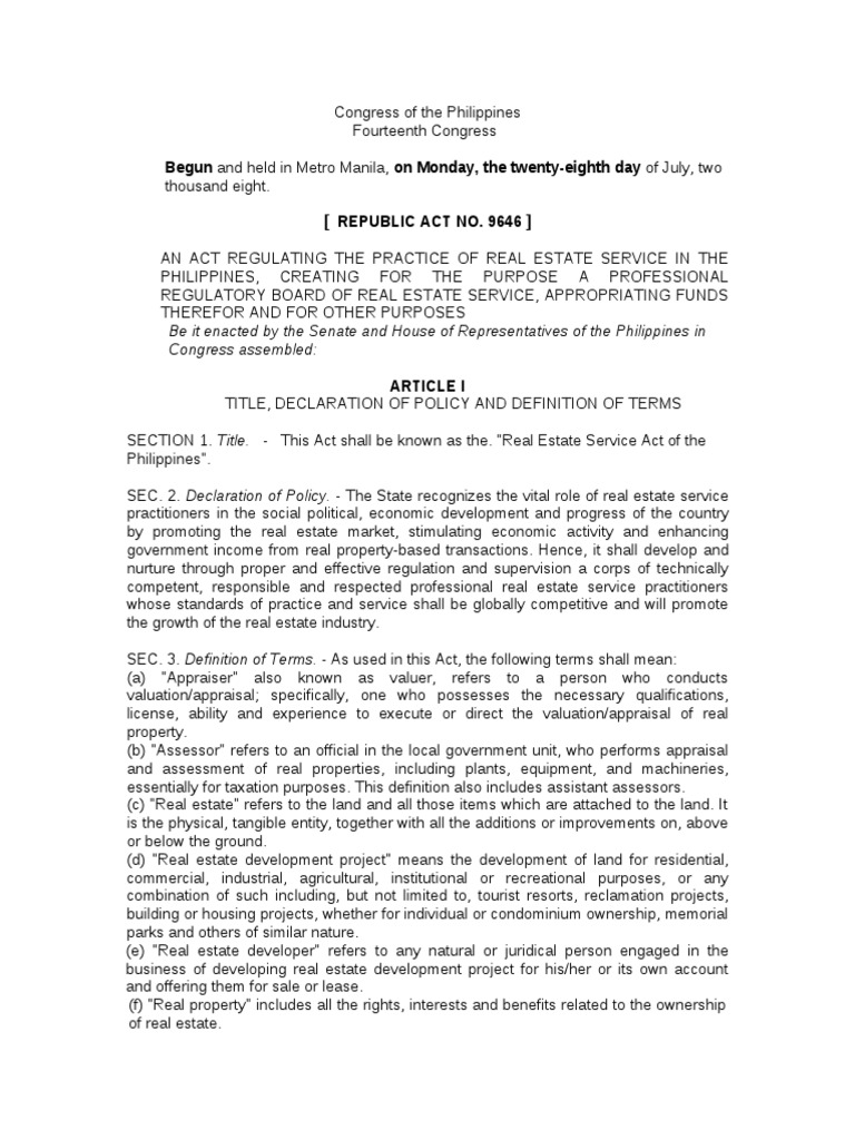 RA 9646 - Real Estate Service Act | PDF | Real Estate Appraisal | Ownership