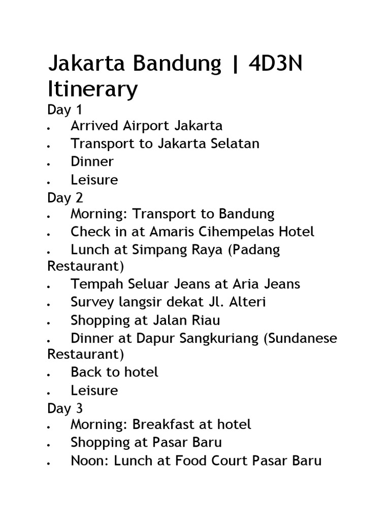 Jakarta Bandung - 4D3N Itinerary | PDF