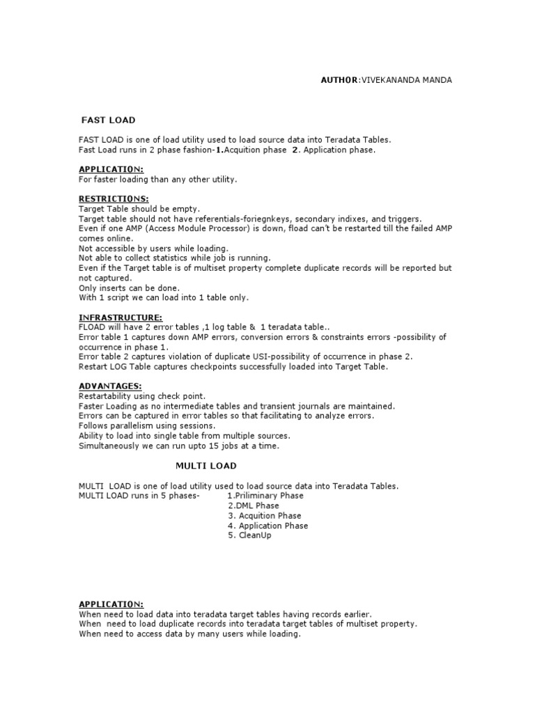 Quick Reference Teradata-Load Utilities | PDF | Data Management | Data