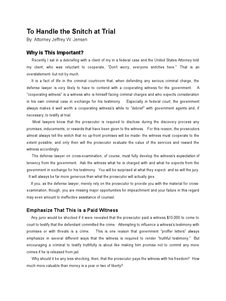 The Snitch at Trial | PDF | Witness | Criminal Defense Lawyer