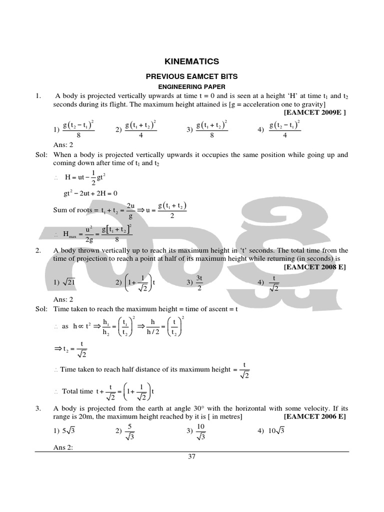 Kinematics: Previous Eamcet Bits | PDF | Trigonometric Functions | Kinematics