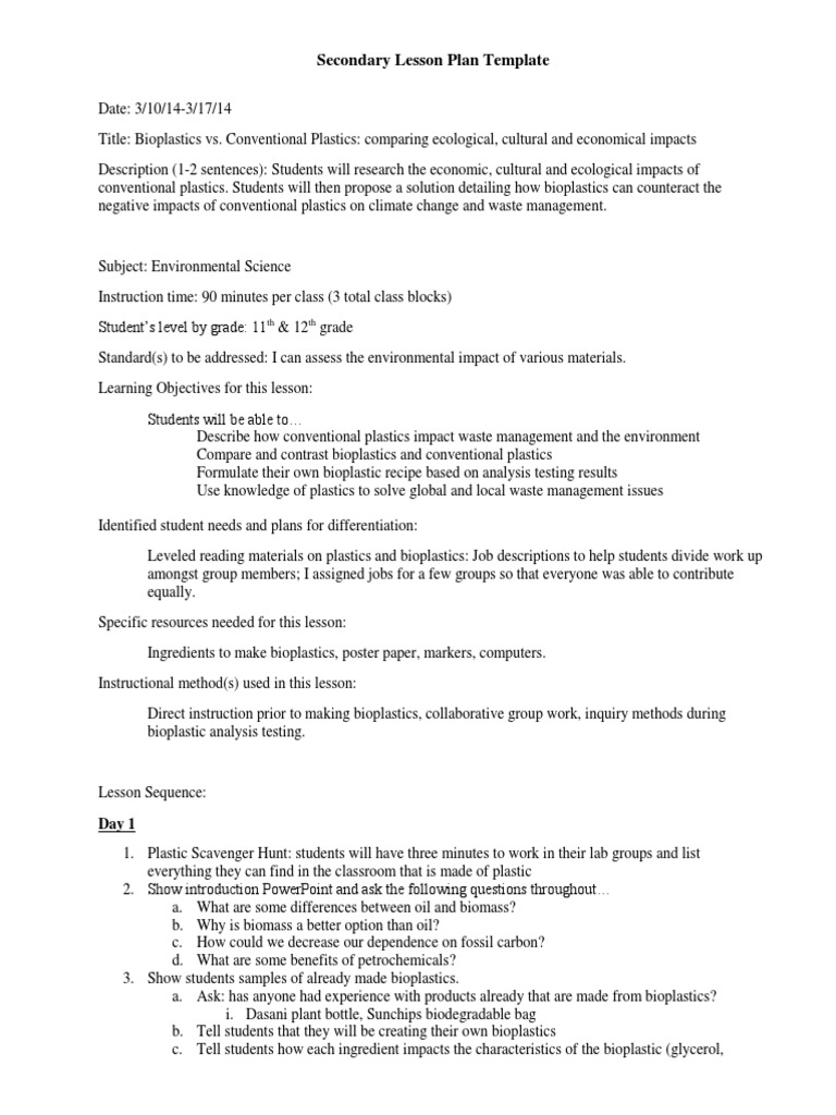 Secondary Lesson Plan Template: TH TH | PDF | Lesson Plan | Plastic