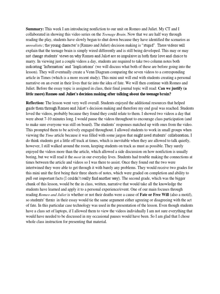 Summary and Reflection | PDF | Romeo And Juliet | Essays