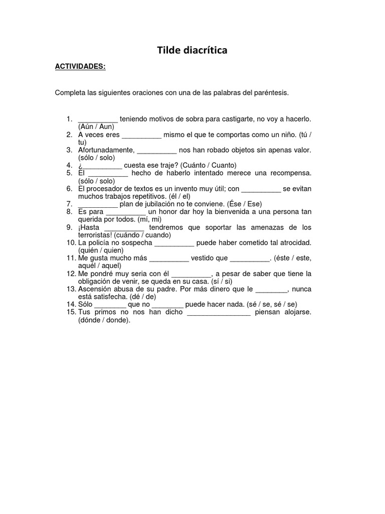 Ejercicios de Tilde Diacrítica | PDF
