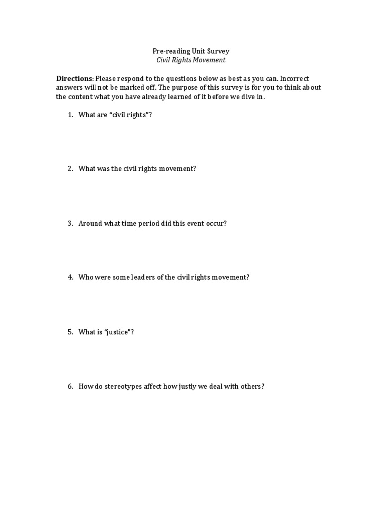 Civil Rights Movement Pre-Reading Survey | PDF | Social Science