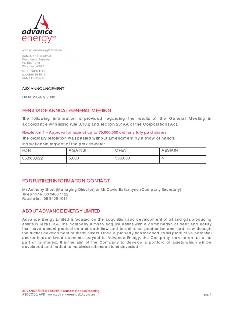 Advance Energy AGM Results 2009 | PDF