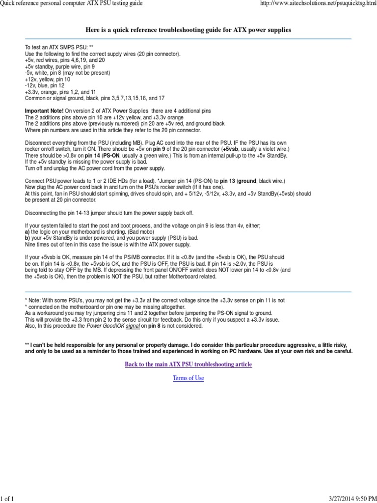 Quick Reference Personal Computer ATX PSU Testing Guide | PDF ...