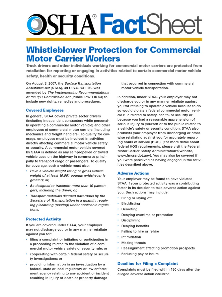 OSHA Factsheet Whistleblower Trucking | PDF | Occupational Safety And ...