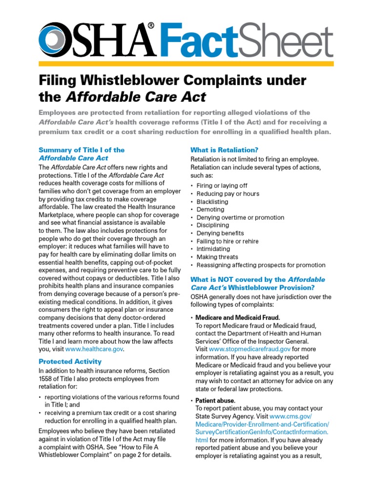 OSHA Fact Sheet 3641 | PDF | Patient Protection And Affordable Care Act ...