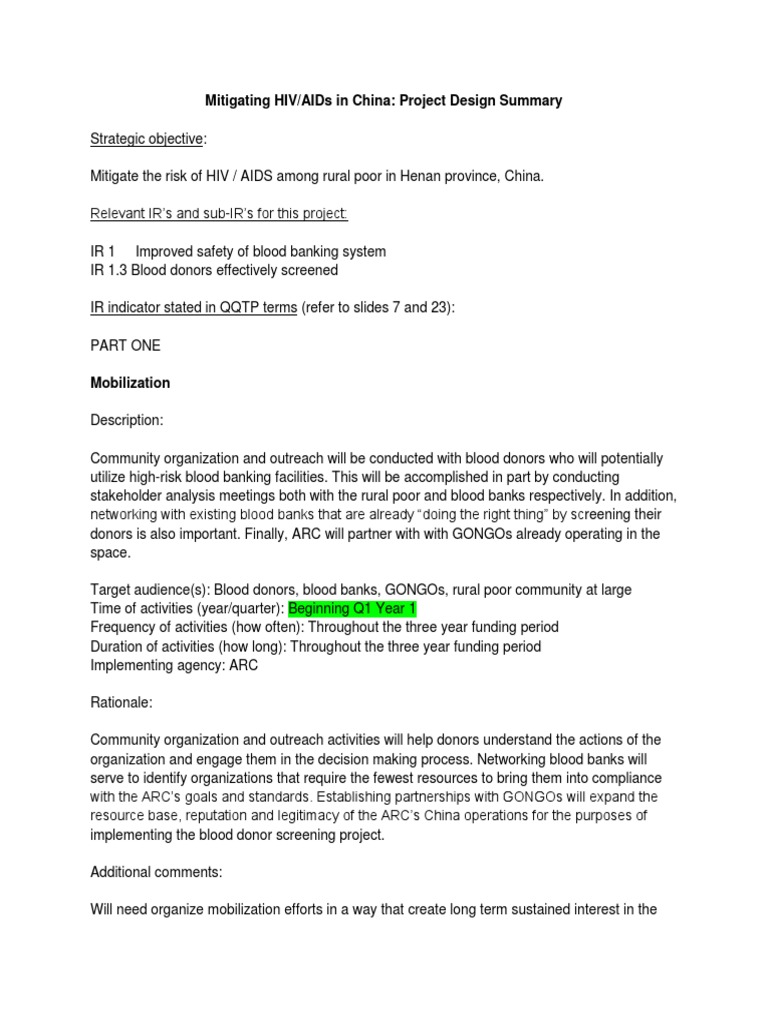 Mitigating Hiv/Aids in China: Project Design Summary | PDF | Blood ...