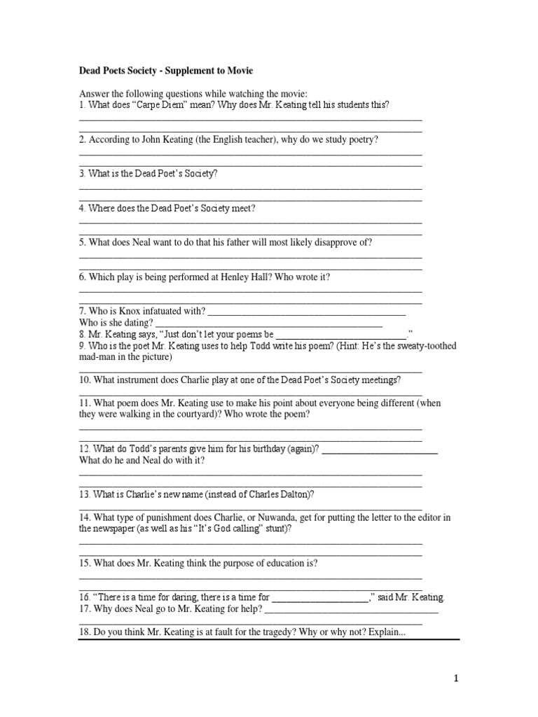 Dead Poets Society Worksheet | PDF | Plot (Narrative) | Poetry
