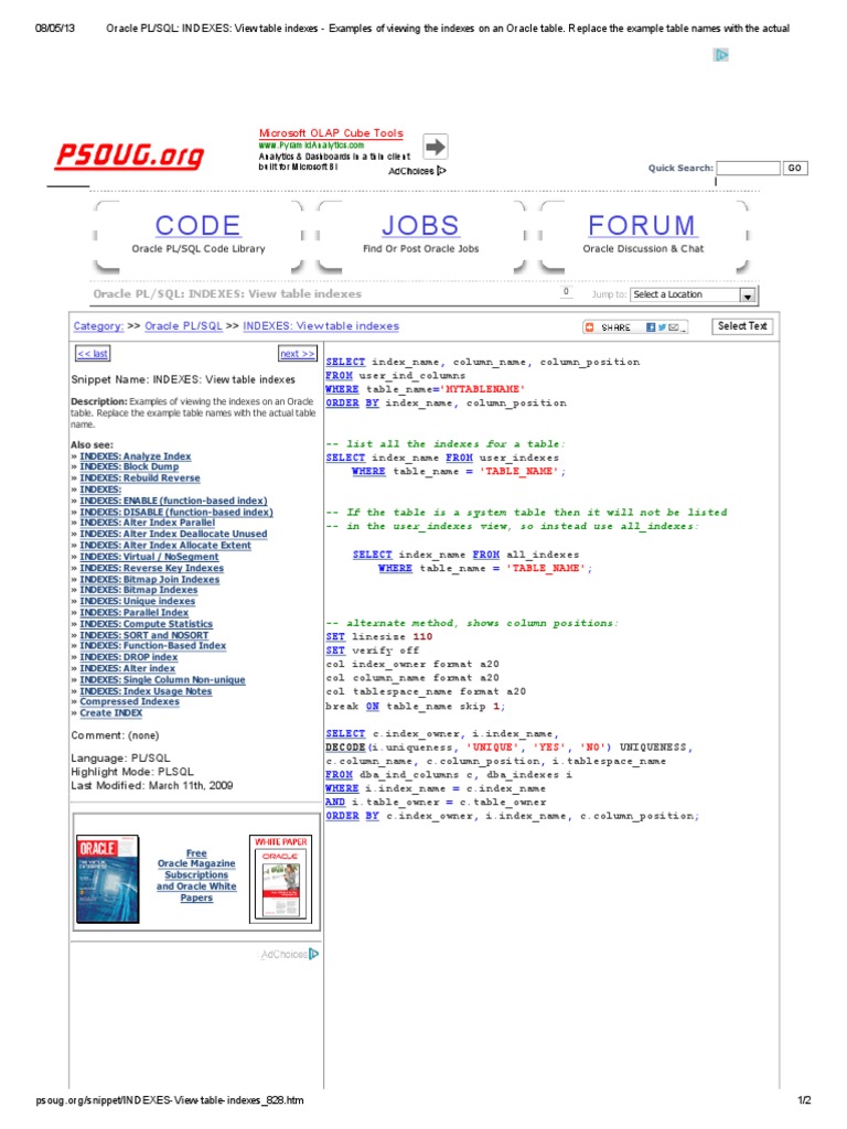 Oracle PL - SQL - INDEXES - View Table Indexes - Examples of Viewing The Indexes On An Oracle ...