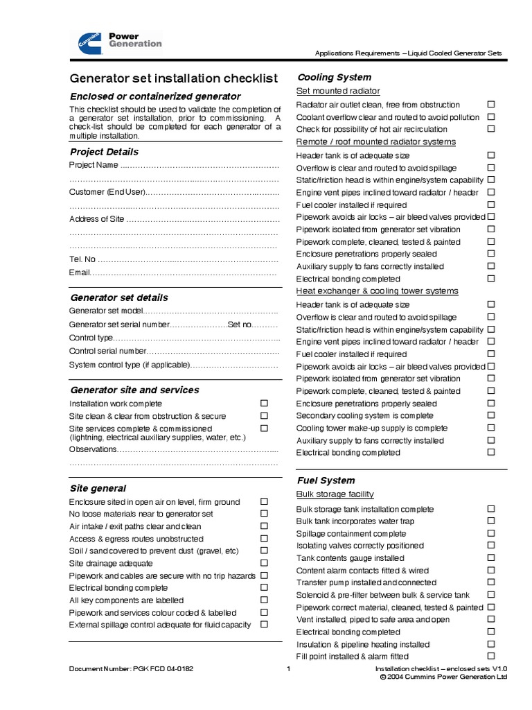 Generator Set Installation Checklist: Enclosed or Containerized ...