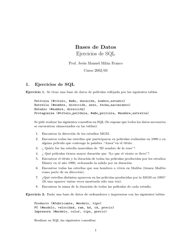 Ejercicios SQL | PDF | SQL | Bases de datos