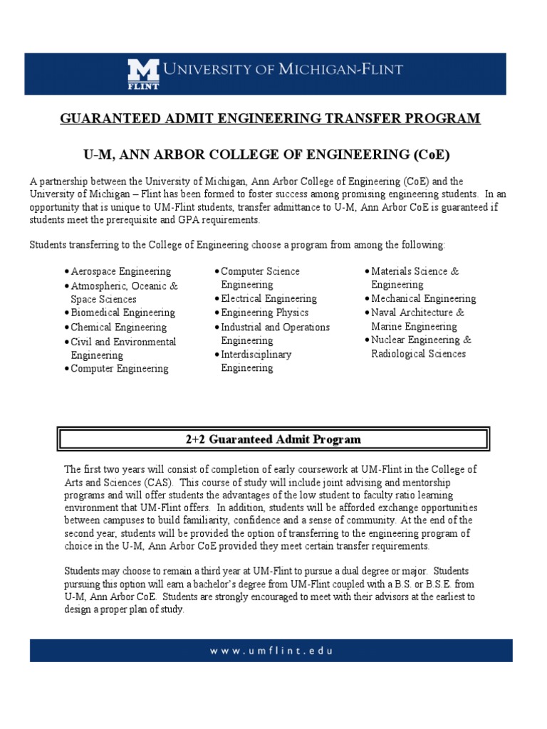 UM-Flint To UM-Ann Arbor Engineering TransferFact Sheet | PDF | Science And Technology | Engineering
