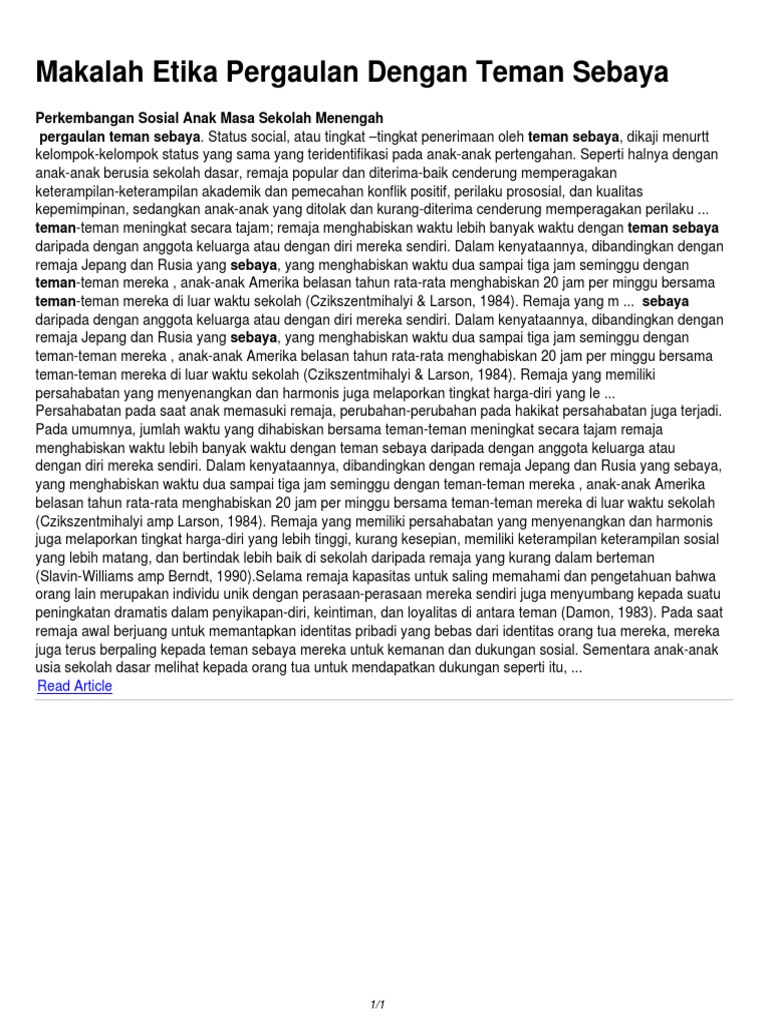 Makalah Etika Pergaulan Dengan Teman Sebaya | PDF