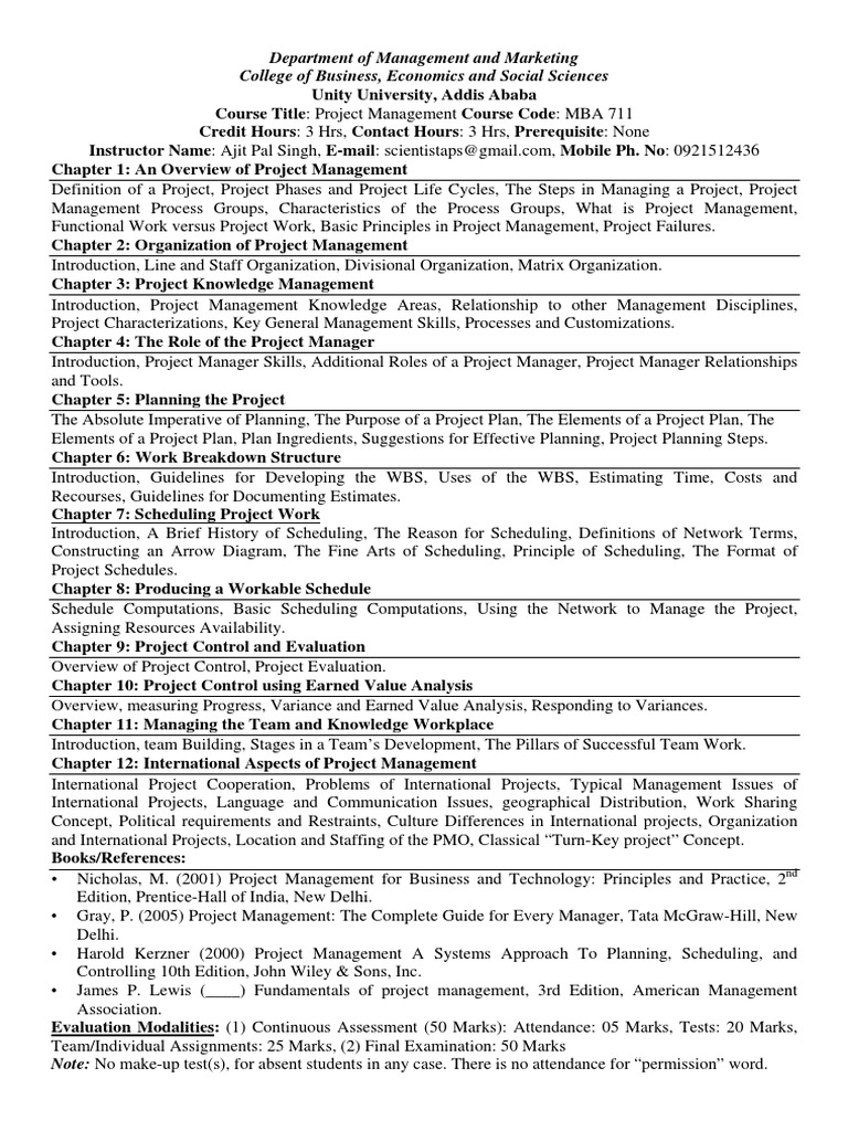 Project Management Course Outline Unity University | Download Free PDF ...