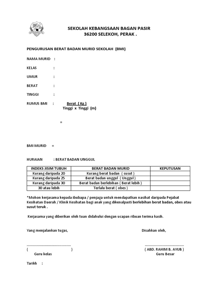Borang Bmi | PDF