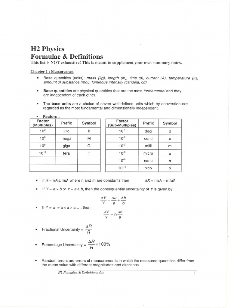 H2 Physics Formulae Definition | PDF | Foreign Language Studies