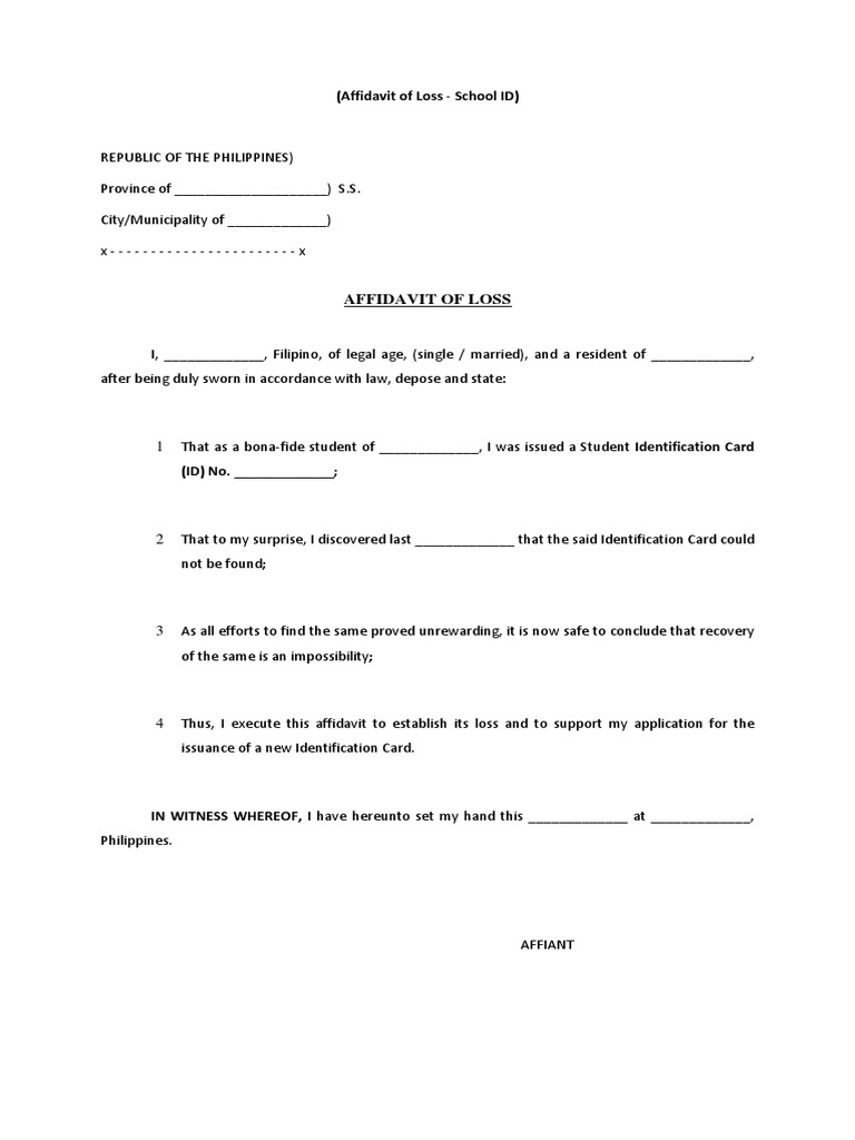Affidavit of Loss - School ID | PDF