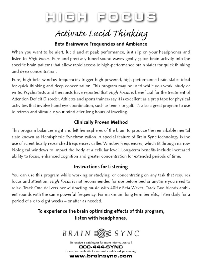 Brain Sync - High Focus - Instructions | PDF