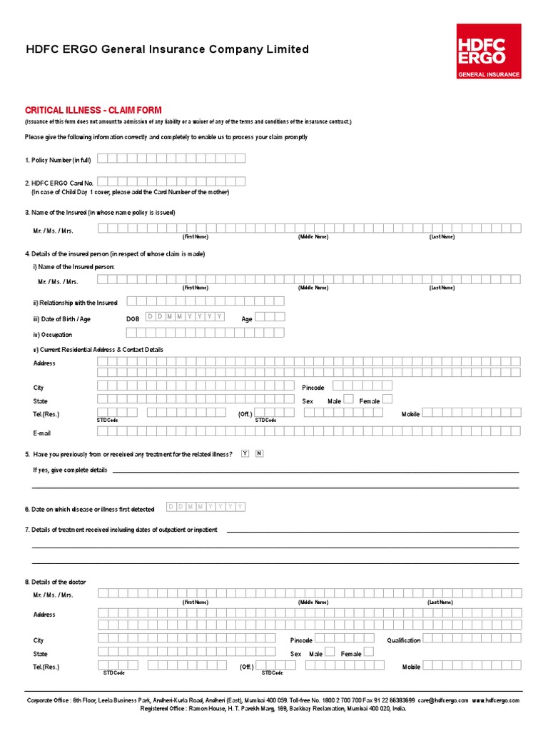 HDFC ERGO Critical Illness Claim Form | PDF | Insurance | Myocardial ...