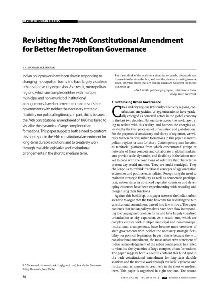 Revisiting The 74th Constitutional Amendment For Better Metropolitan ...
