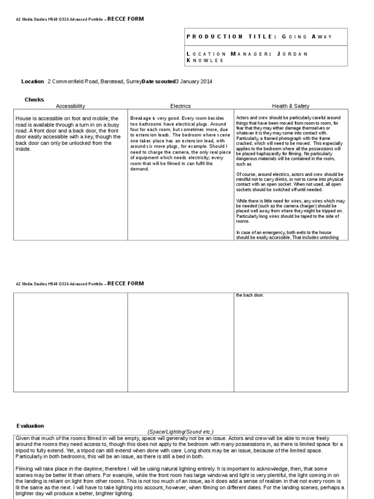 Location Recce Sheet