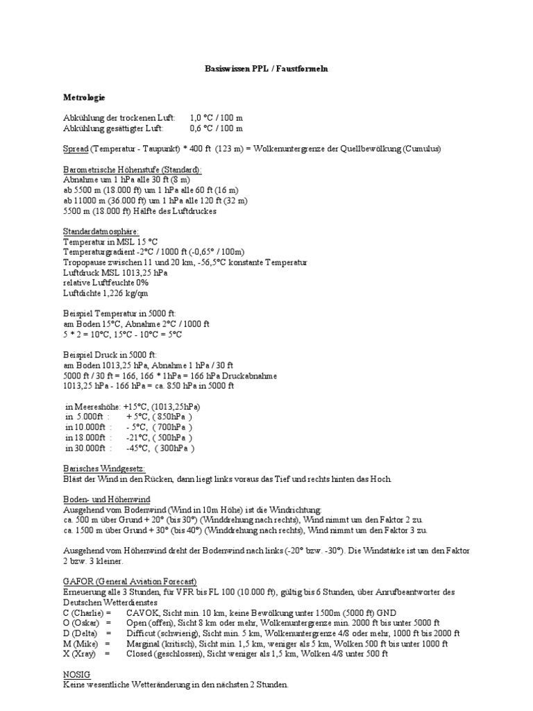 Faustformeln Basiswissen PPL | PDF
