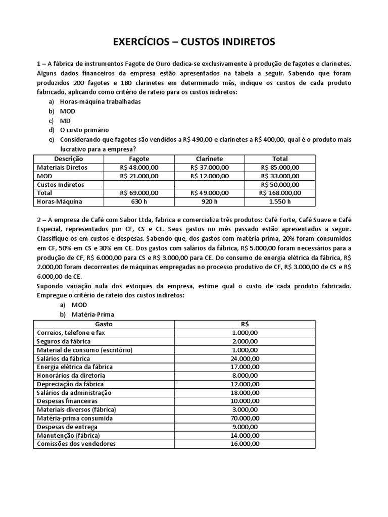 Aula 05 - Exercícios - Custos CIF | PDF