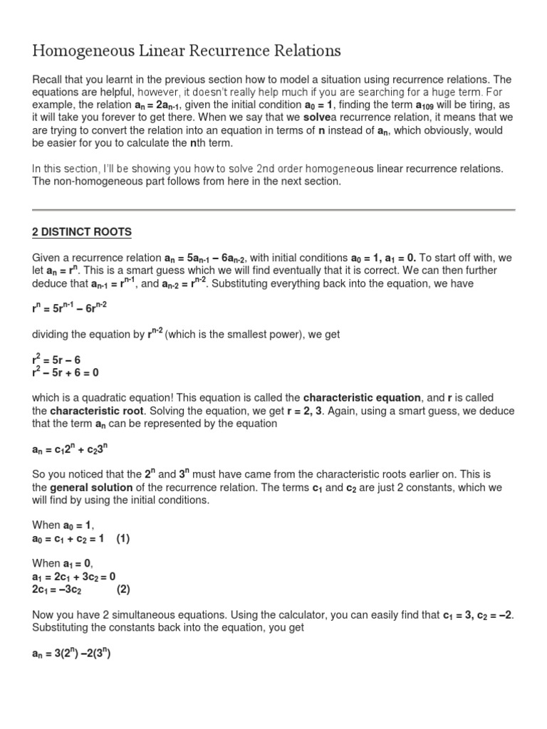 Homogeneous Linear Recurrence Relations Pdf Recurrence Relation Elementary Mathematics